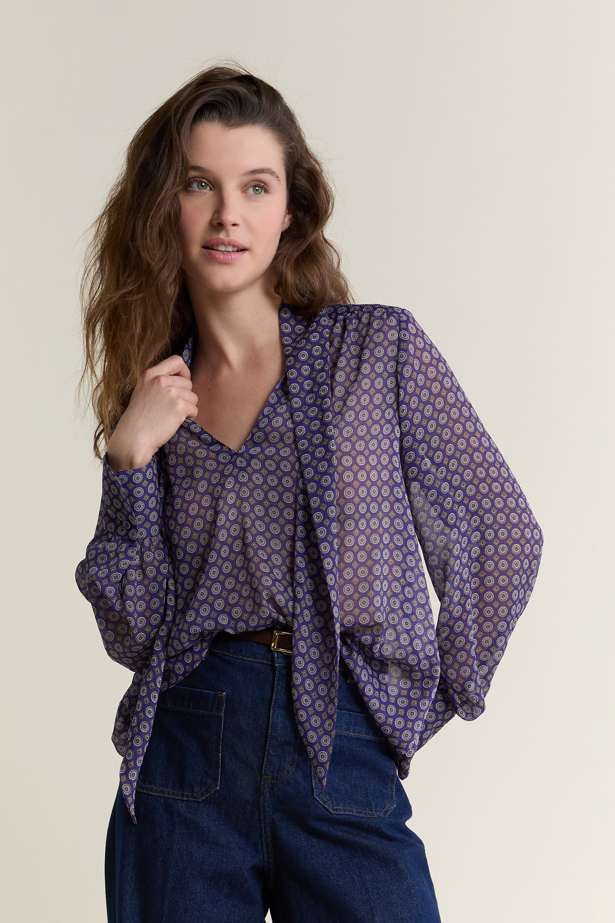 Blouse à nouer sur le devant à imprimé A CANNEL IMP IMP FD VIOLET. - ETAM